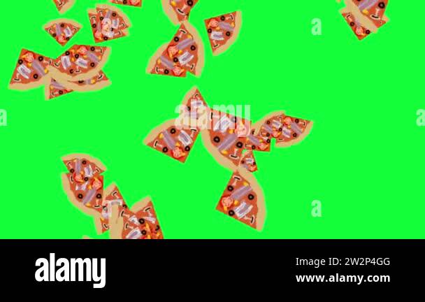 Slices of pizza falling loop animation elements on green screen chroma ...