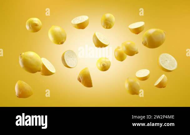 Flying of Lemon and Slices in Yellow Background. Speed up and falling ...