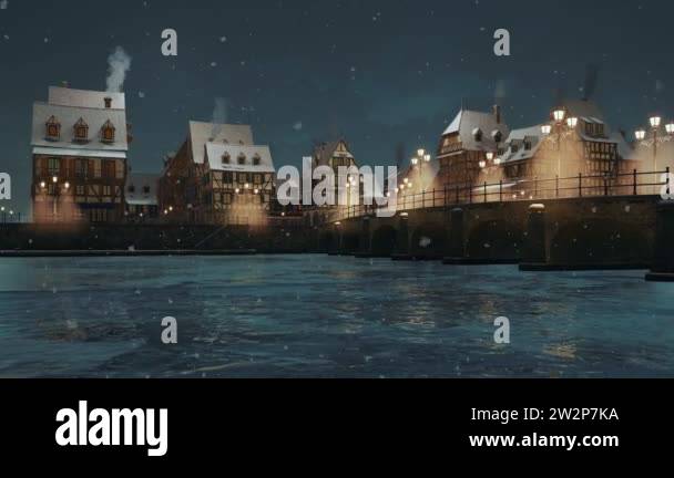 Empty medieval town with half-timbered european houses on riverfront ...