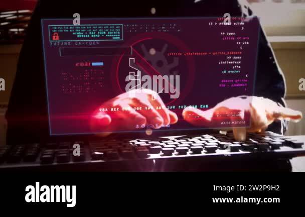 Virus Detected Alert Camera Moves Around Hud Display And Man Typing Keyboard Cyber Security