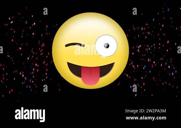 Animation of multi coloured confetti falling and emoticon against black background. new year's ...