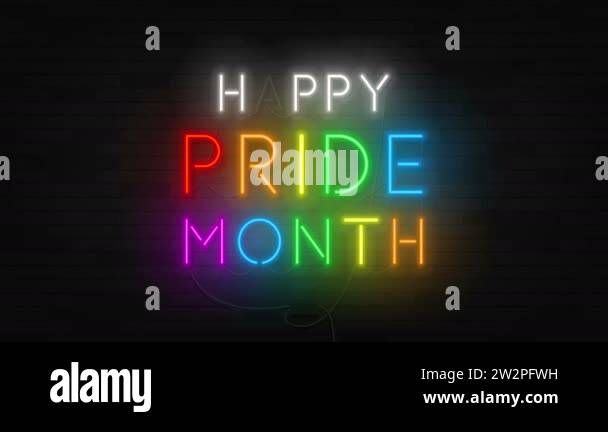 Happy Pride Month flickering neon LGBT symbol. Realistic bright ...