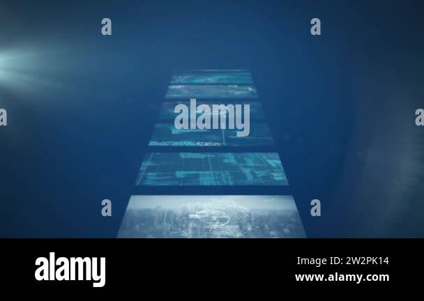 Animation of screens with human eye, CCTV camera, digital data ...