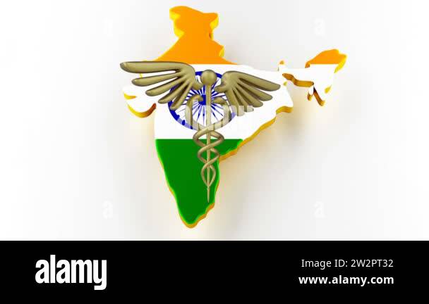 Caduceus sign with snakes on a medical star. Map of India land border ...