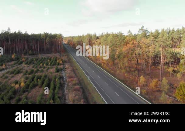 Multiple lane speedway with cars and trucks in beautiful fall forest ...