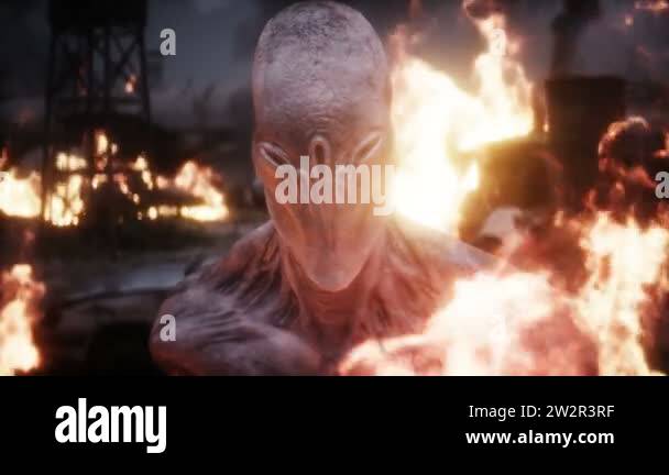 Alien, monster in a burning ruined apocalyptic city. Armageddon view ...