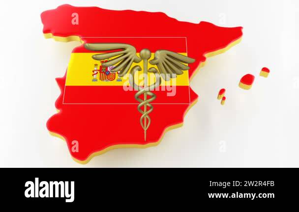 Caduceus sign with snakes on a medical star. Map of Spain land border ...