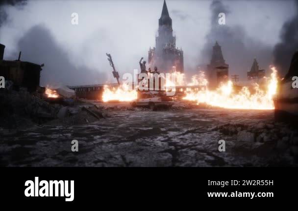 Russian apocalypsis. burning ruined Moscow city. Armageddon view ...
