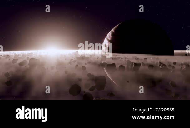 Planet Saturn or Jupiter close-up, with rings, and in the rays of the ...