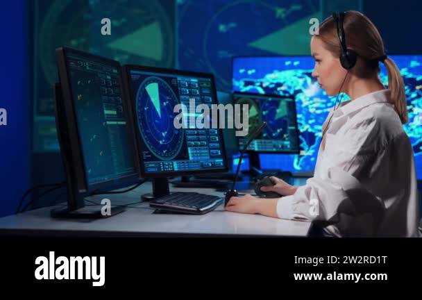 Workplace of the professional air traffic controller in the control ...