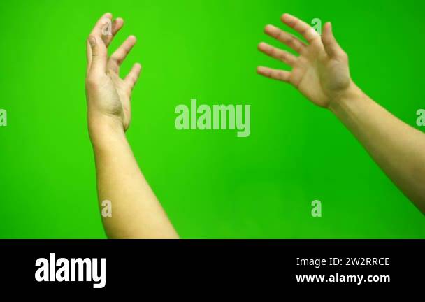 Male arms clenched in fist over green screen background. Fingers slowly ...