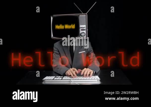 Man typing with TV on head and hello world message Stock Video Footage ...