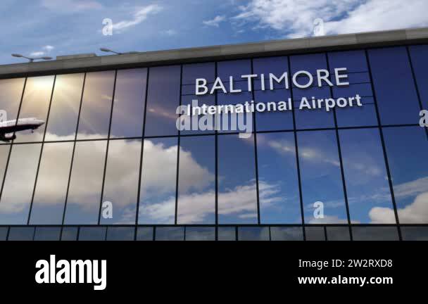 Jet aircraft landing at Baltimore, Maryland, USA 3D rendering animation ...