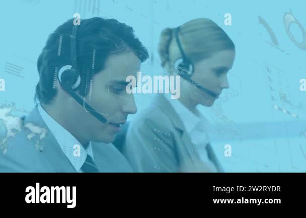 Animation of group of multi-ethnic call centre workers wearing headsets ...