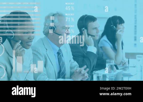 Animation of group of multi-ethnic call centre workers wearing headsets ...