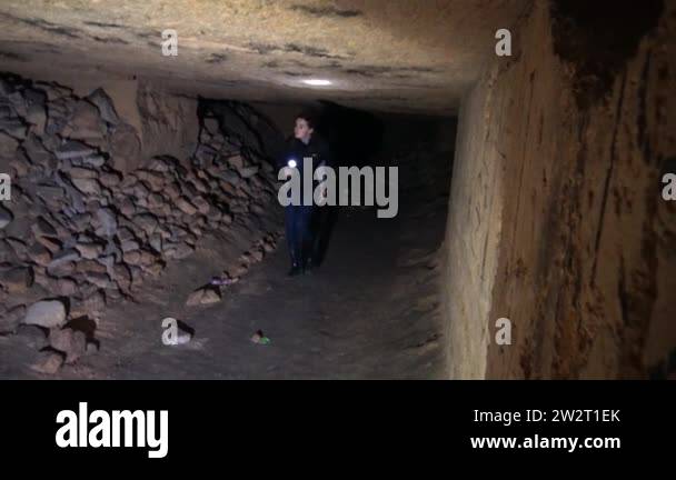 Odessa, Ukraine - 01 FEBRUARY, 2018: Inside the Odessa Catacombs. Stone ...