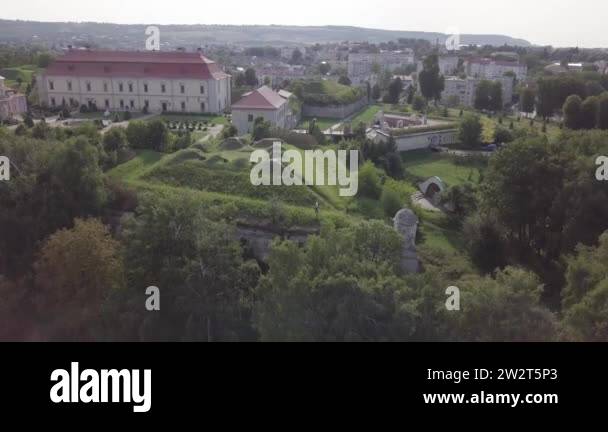 Aerial to Zolochiv palace castle and ornamental garden in Lviv region ...