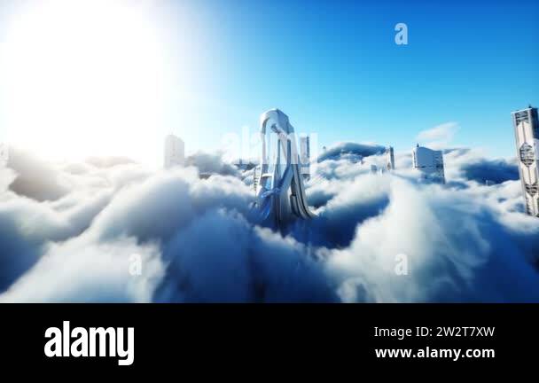 Futuristic sci fi city in clouds. Utopia. concept of the future. Flying ...