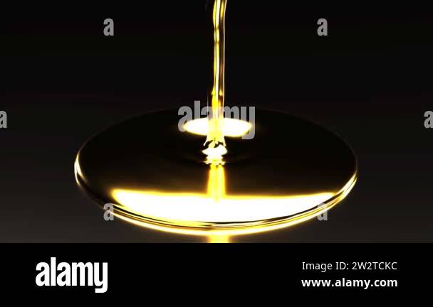 Realistic animation of gold paint pouring onto flat mirror surface at ...