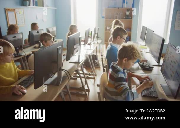 Elementary School Computer Science Classroom: Diverse Group of Little ...