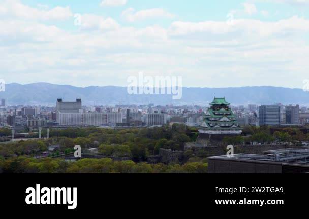 4K, Elevated view of the Japanese ancient Osaka castle as symbol in ...
