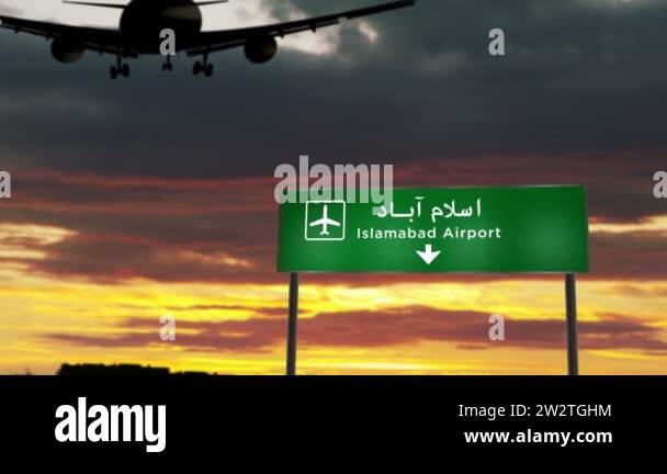 Airplane silhouette landing in Islamabad, Pakistan. City arrival with ...