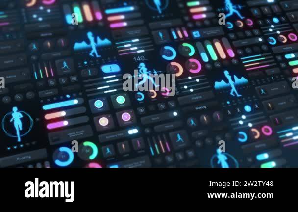 Hi tech panel of fitness application on dark background. Running and ...