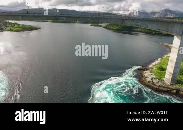 Whirlpools of the maelstrom of Saltstraumen, Nordland, Norway aerial ...