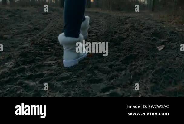Woman Walking Hiking. Close up Female Footsteps Footwear Footprints on ...