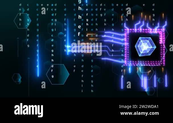 Futuristic digital dimension cube intelligent chip data processing technology full power and ...