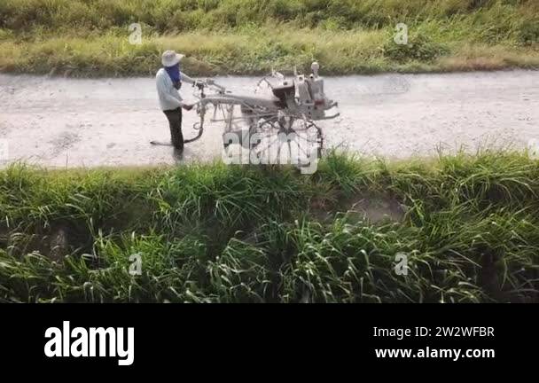 Farmer move the two wheel hand tractor in small path toward the rice ...