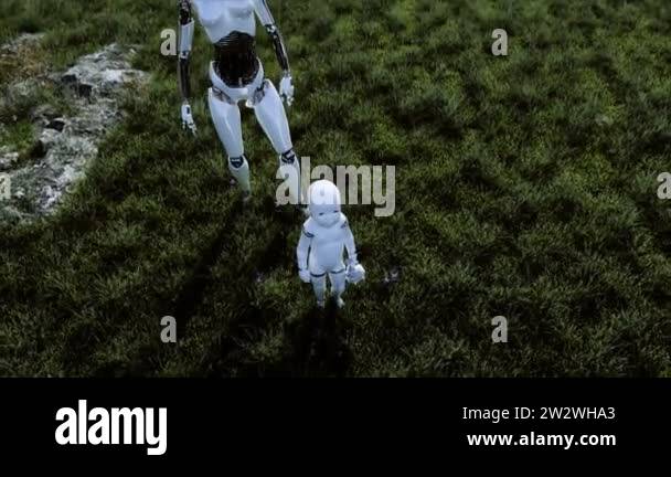 mother robot with her baby robot in the meadow on the background of a ...