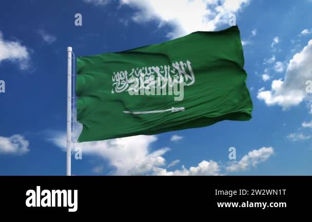 Realistic flag of Saudi Arabia waving in the wind against deep blue sky ...