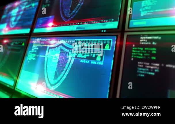 Cyber security message with shield symbol on futuristic computer screen with glitch effect ...