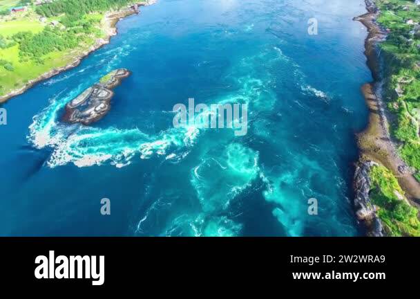 Whirlpools of the maelstrom of Saltstraumen, Nordland, Norway aerial ...