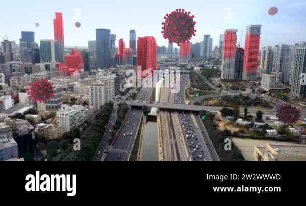 Coronavirus Covid-19 invasion over Large City-3D rendering Global ...