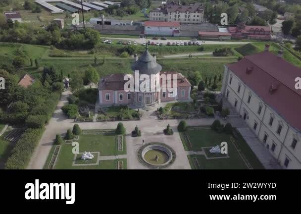 Zolochiv, Ukraine - July 25 2019: Aerial to Beautiful Palace castle and ...