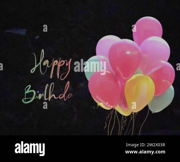 Balloons and Happy Birthday reveal text, balloons move in breeze as ...