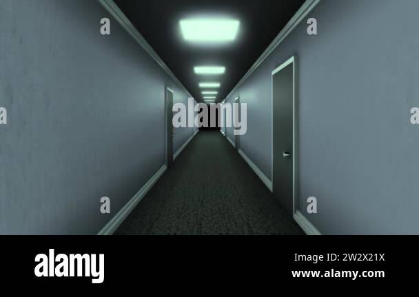 Long corridor with doors and darkness at end. Animation. Moving back ...