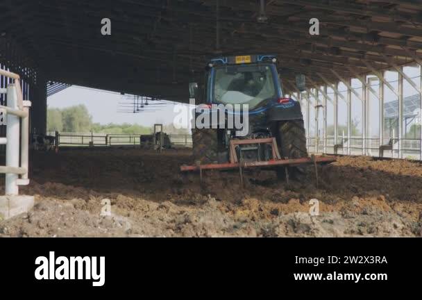 Tractor plowing Manure in a dairy farm shed Stock Video Footage - Alamy