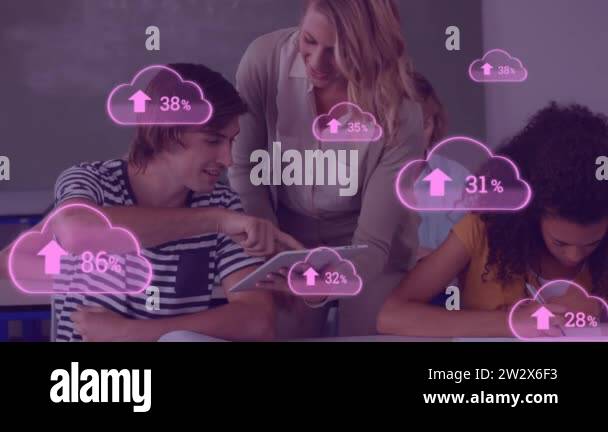 Animation of adult students sitting by desks in a classroom with ...