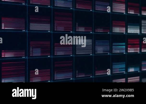 A wall of colorful short moving bars of narrow lines on black ...