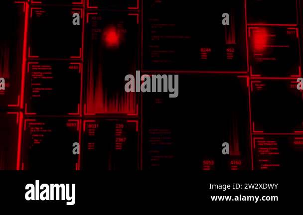 Blocks of program code flying in virtual space divided into different moving digital screens ...