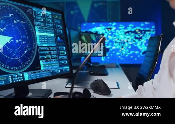 Workplace of the professional air traffic controller in the control ...