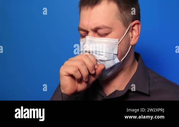 Sick man coughs heavily, hemoptysis hemorrhage spitting blood in saliva ...