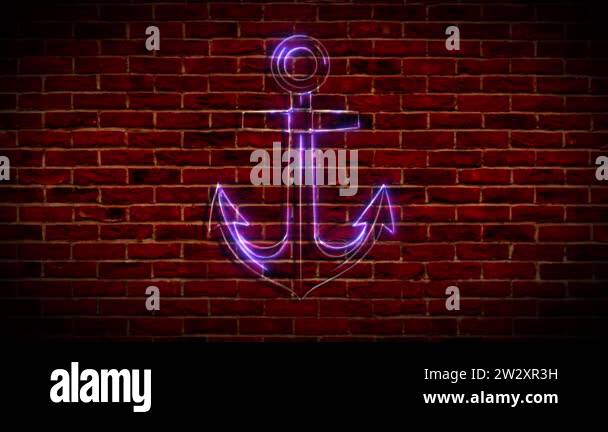 Neon anchor in a rope frame. Blue anchor in red frame on a wall ...