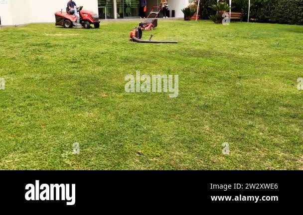 Lawn mowers with the mask cutting grass a green lawn with grass.Worker ...