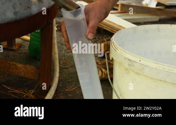 Taking liquor samples in laboratory graduated cylinder.Man takes a ...