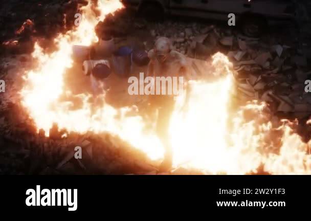 Zombie in a burning ruined apocalyptic city. Armageddon view. Zombie ...