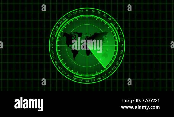 4k animation of green hud radar with world map and targets. Futuristic ...
